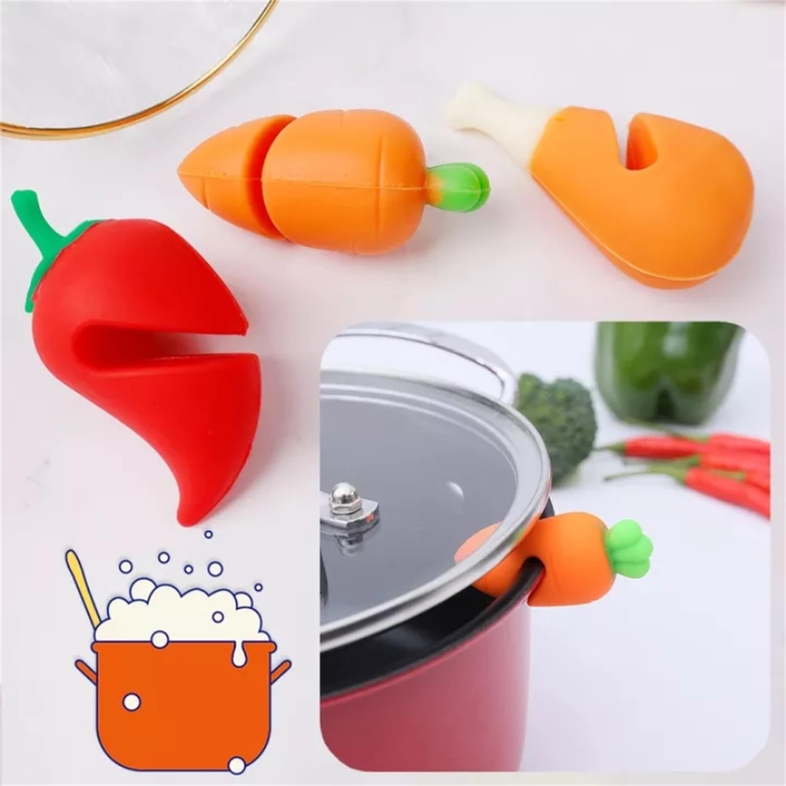 Creative Silicone Lid Lifters ,Spill Proof Overflow Prevent Carrot Shape Pot Lid Holder Rack Clips for Pot Pan Container Cover Kitchen Tools