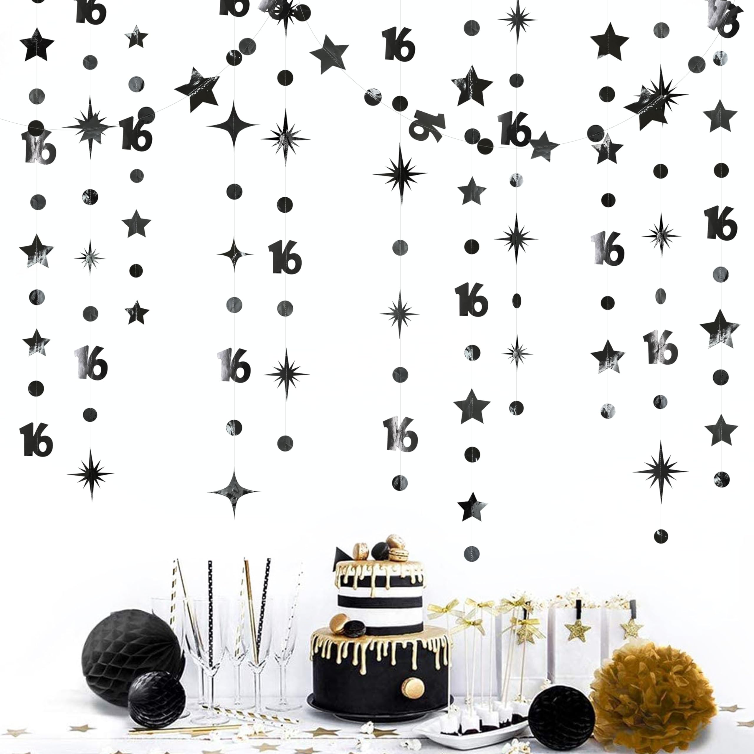 Black Number 16 Circle Dot Twinkle Star Garland Metallic Streamer Bunting Banner Backdrop Decorations for Girls Happy 16th Birthday Sweet Sixteen 16th Anniversary Cheers to 16 Years Party Decor