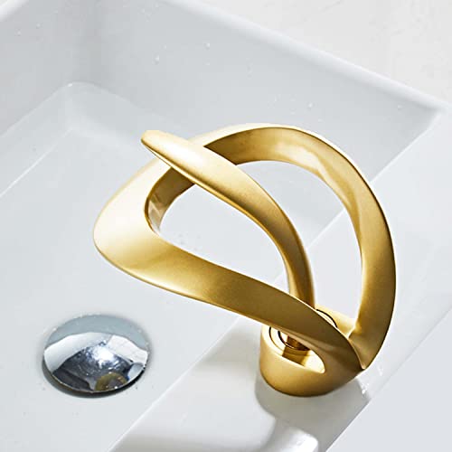 Elegant Waterfall Single Handle 1-Hole Bathroom Vessel Sink Faucet Bathroom Faucet Solid Brass Bathroom Vessel Sink Faucet Vanity Sink Faucet Mixer Basin Tap cUPC Certified(Frosted Gold)