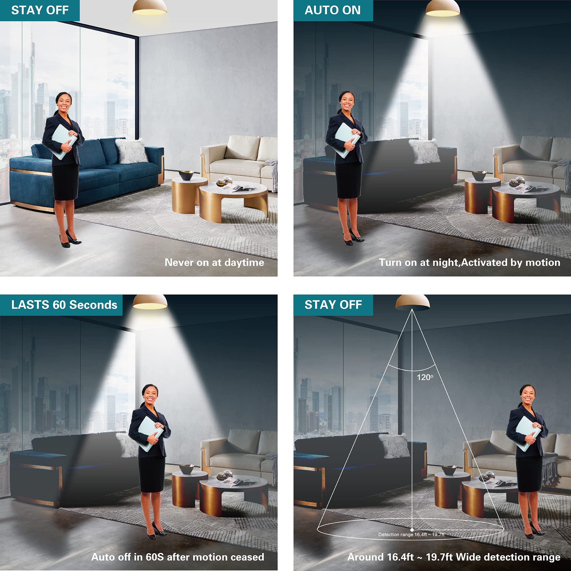 BUBO Outdoor Motion Sensor Bulb, A19, Radar Sensor Light Bulb, 9W Radar Sensor(60W Equivalent), Warm Light(3000K),800LM, Auto On/Off Porch Light, E26 Base, 4Pack