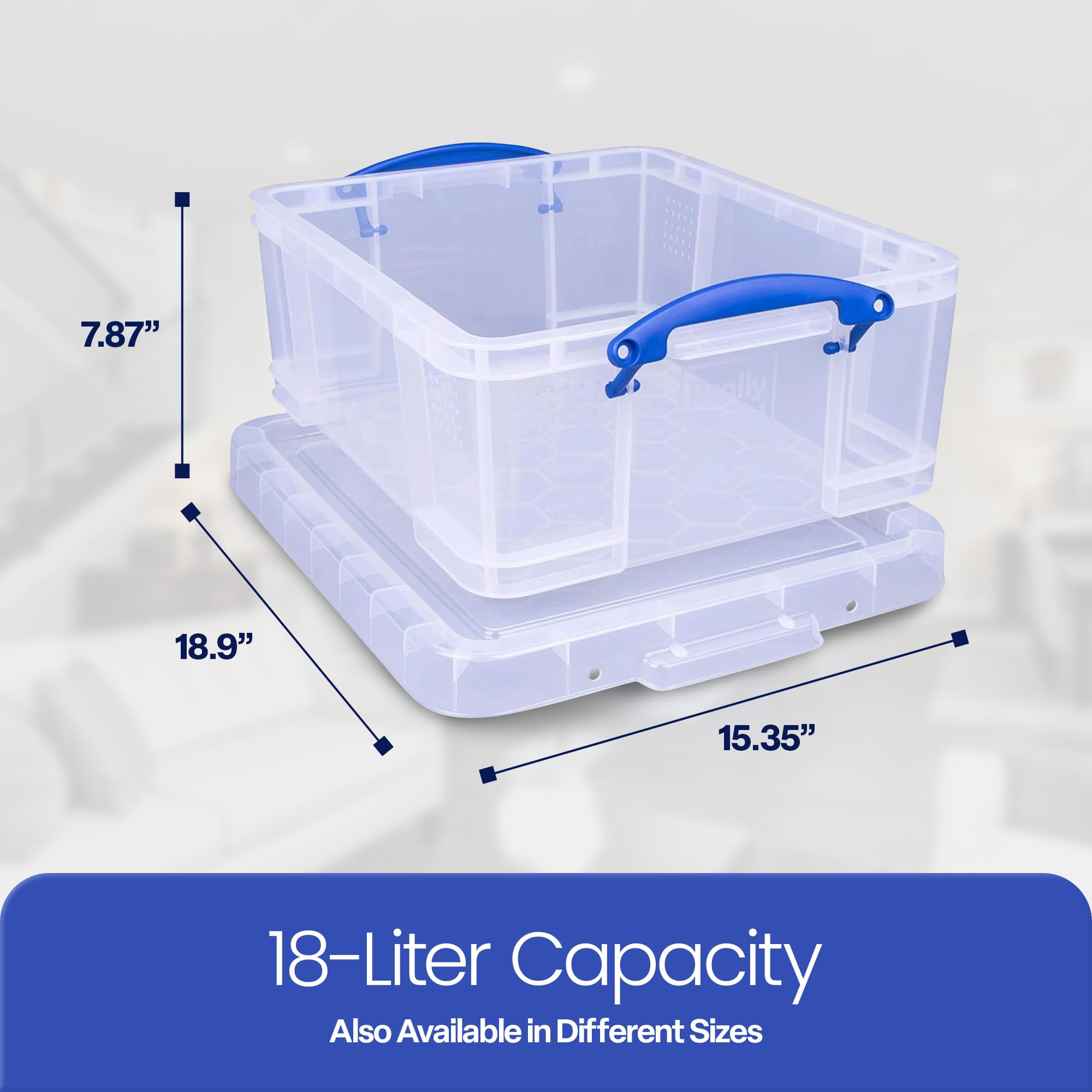 Really Useful Box 18 Liter Plastic Stackable Storage Container w/Snap Lid & Built-In Clip Lock Handles for Home or Office Organization, 2 Pack, Clear
