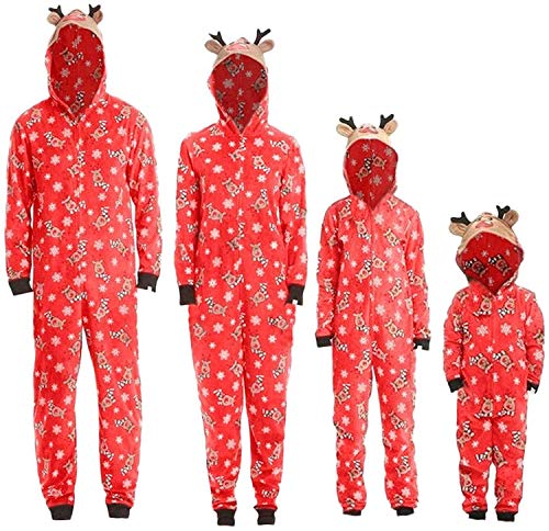 Matching Family Christmas Pajamas Sets Elk Antler Hooded Romper PJ's Zipper Jumpsuit Loungewear(Women,L)