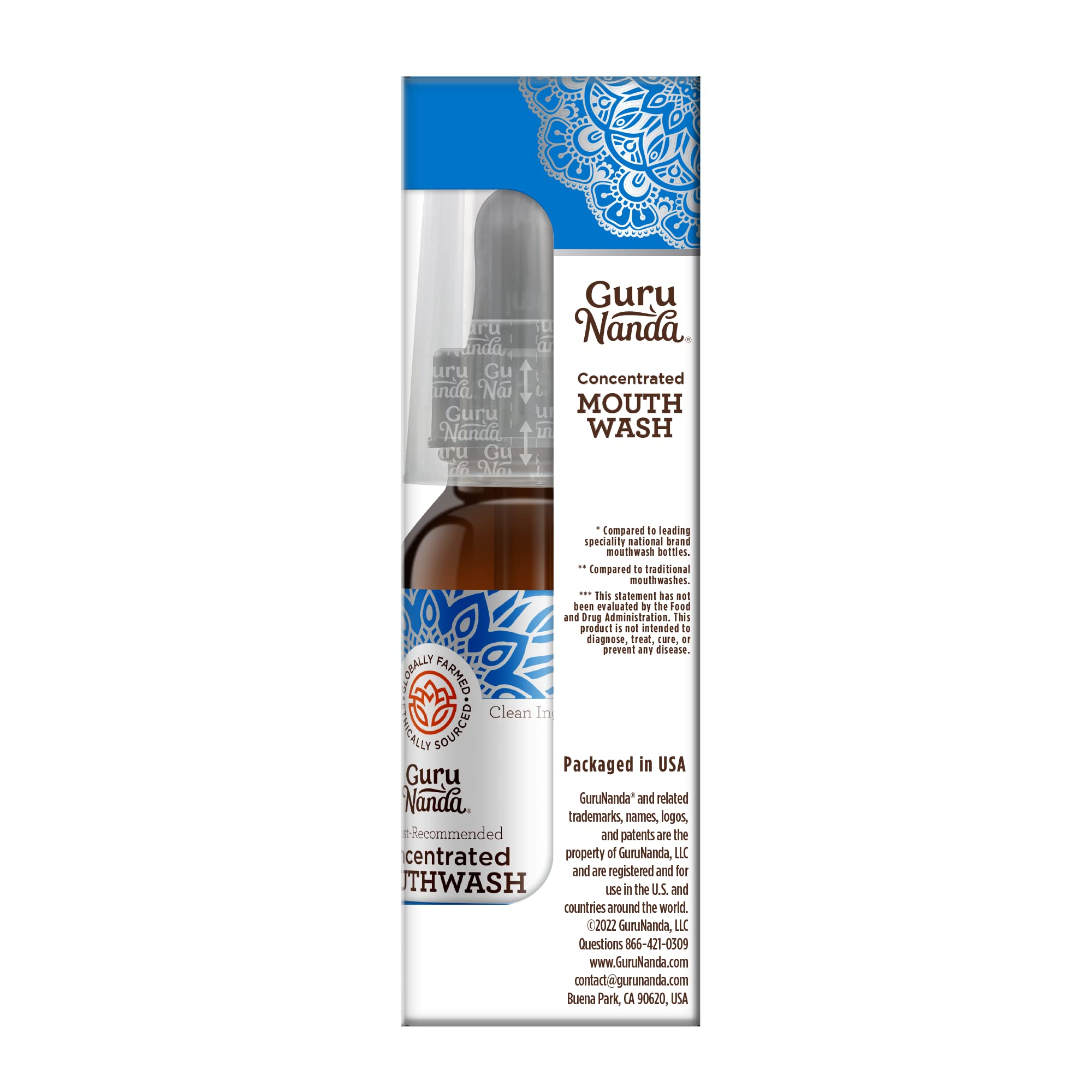 GuruNanda Concentrated Mouthwash, Helps with Bad Breath, Promotes Teeth Whitening, Made with 100% Natural Essential Oils, 1 Bottle Equals 300 Rinse, Fluoride-Free - Mint Flavored (2 oz)