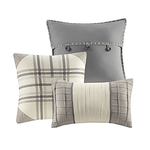 Madison Park Ridge Comforter Set-Cabin Lodge Plaid Herringbone Design All Season Down Alternative Cozy Bedding with Matching Bedskirt, Shams, Decorative Pillow, Queen(90"x90"), Neutral 7 Piece