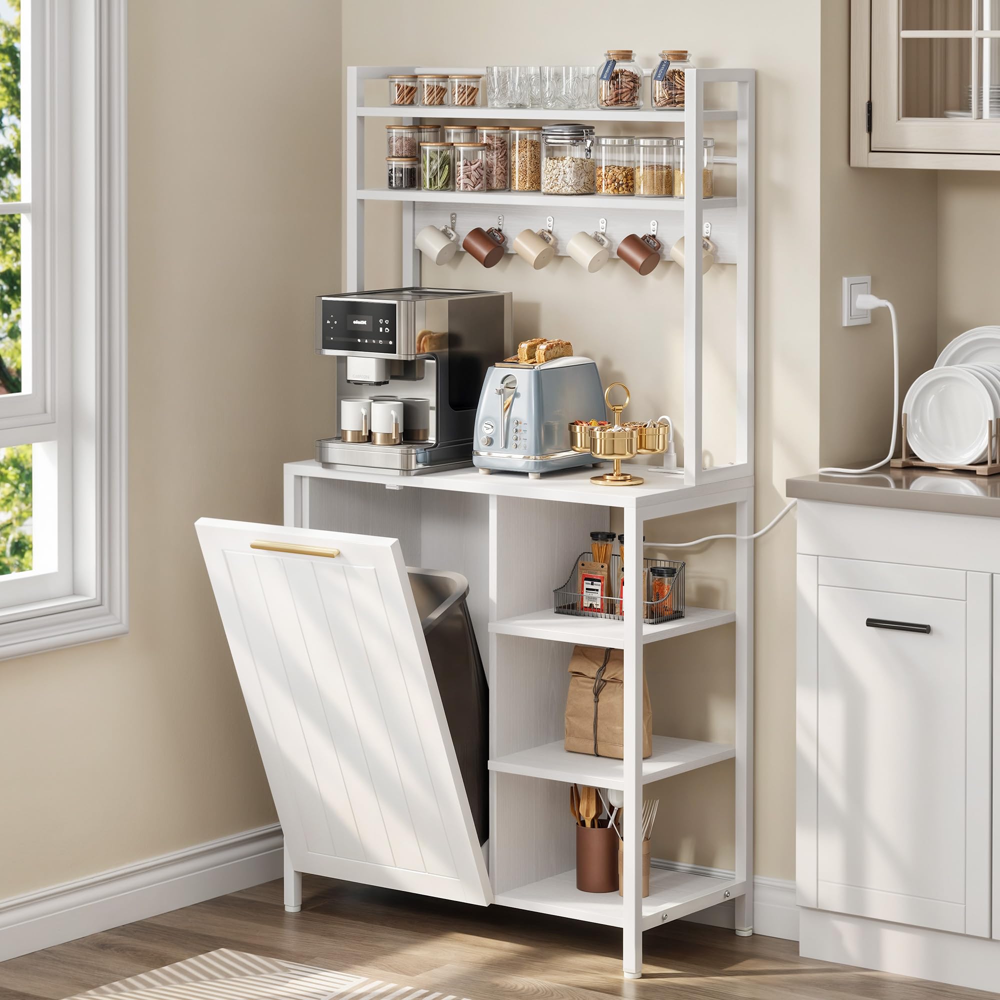 DWVO 10 Gallon Tilt Out Trash Bin Cabinet Rack with Power Outlet, Kitchen Tall Pantry Storage Cabinet Fit Garbage Can Tilt Out, Laundry Hamper for Kitchen, White