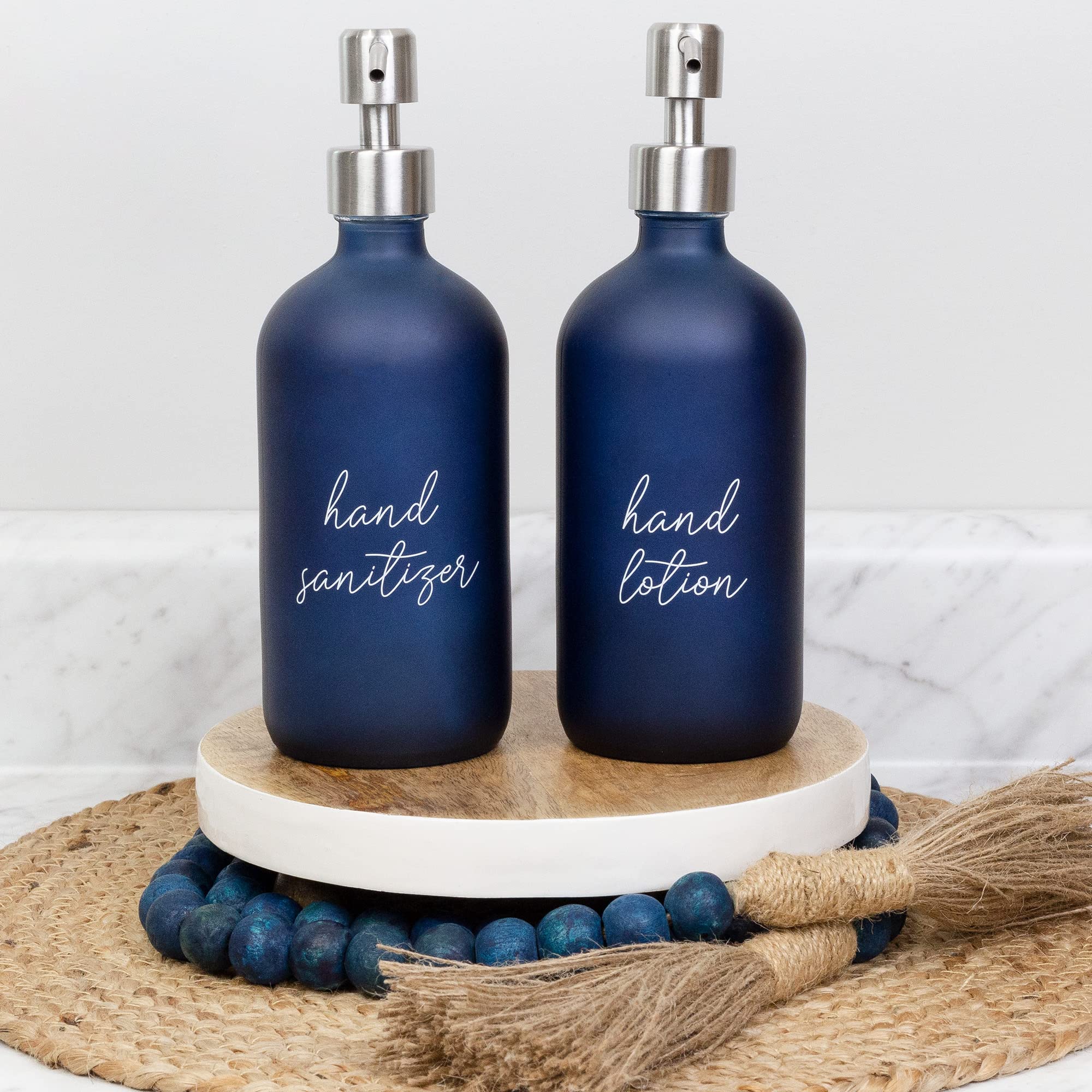 Darware Black Lotion/Sanitizer Pump Bottles (Set of 2, Black); Glass Pump Dispenser Bottles for Hand Care, Pre-Labeled