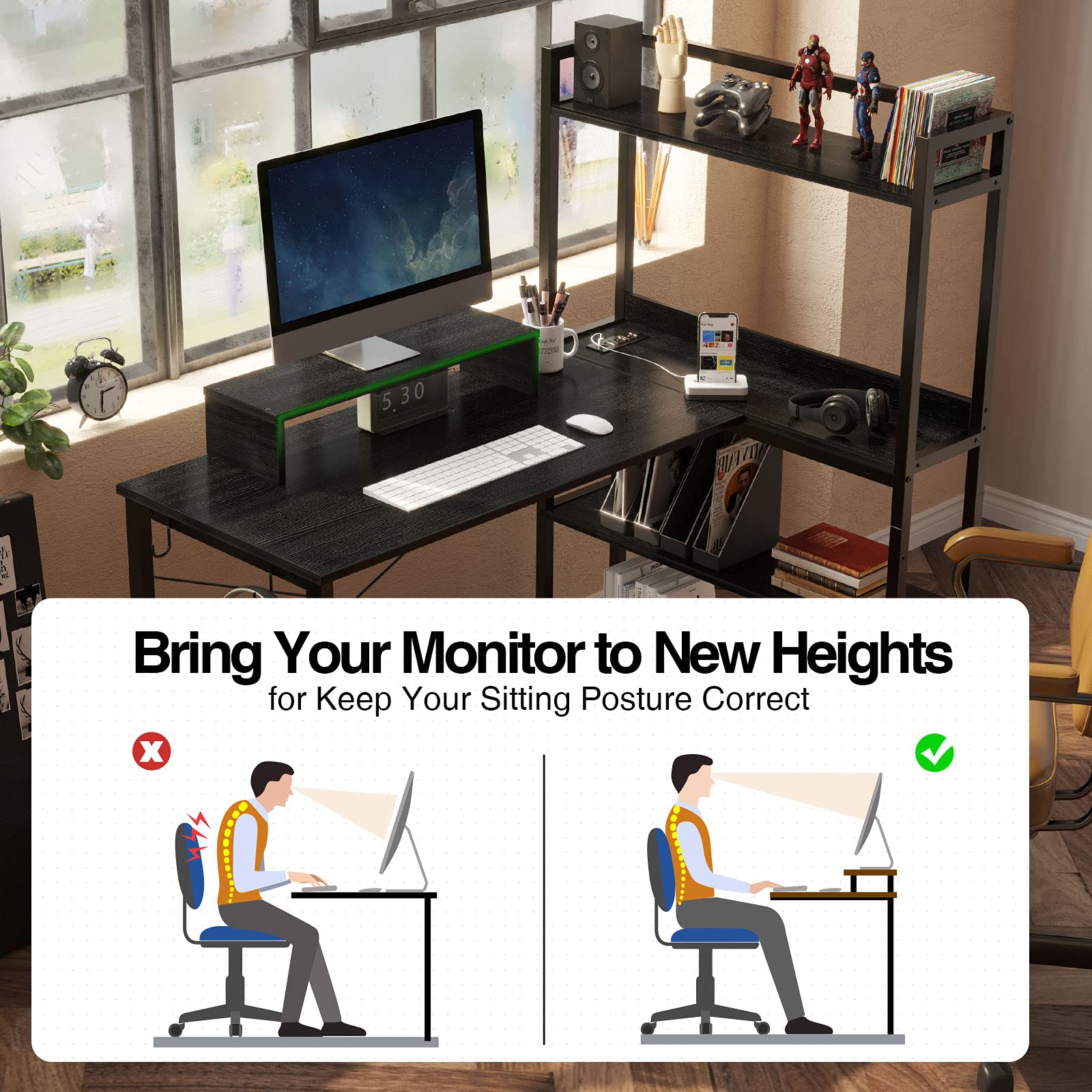 Rolanstar Computer Desk with Shelves, 47 Inch Home Office Desk with Power Outlet, Writing Table Workstation with Monitor Stand and Reversible 4-Tier Bookshelf, Study Corner Desk for Small Space, Black