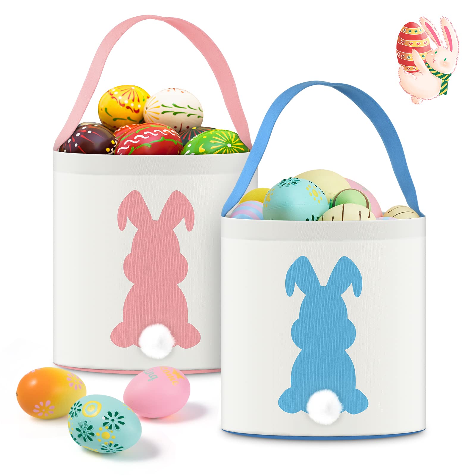 Easter Egg Hunt Basket, 2 Pack Easter Bunny Basket with Fluffy Rabbit Tail for Kids, Easter Bunny Basket Canvas Tote for Egg Hunts, Party, Toys, Candy and Gifts (Pink,Blue)