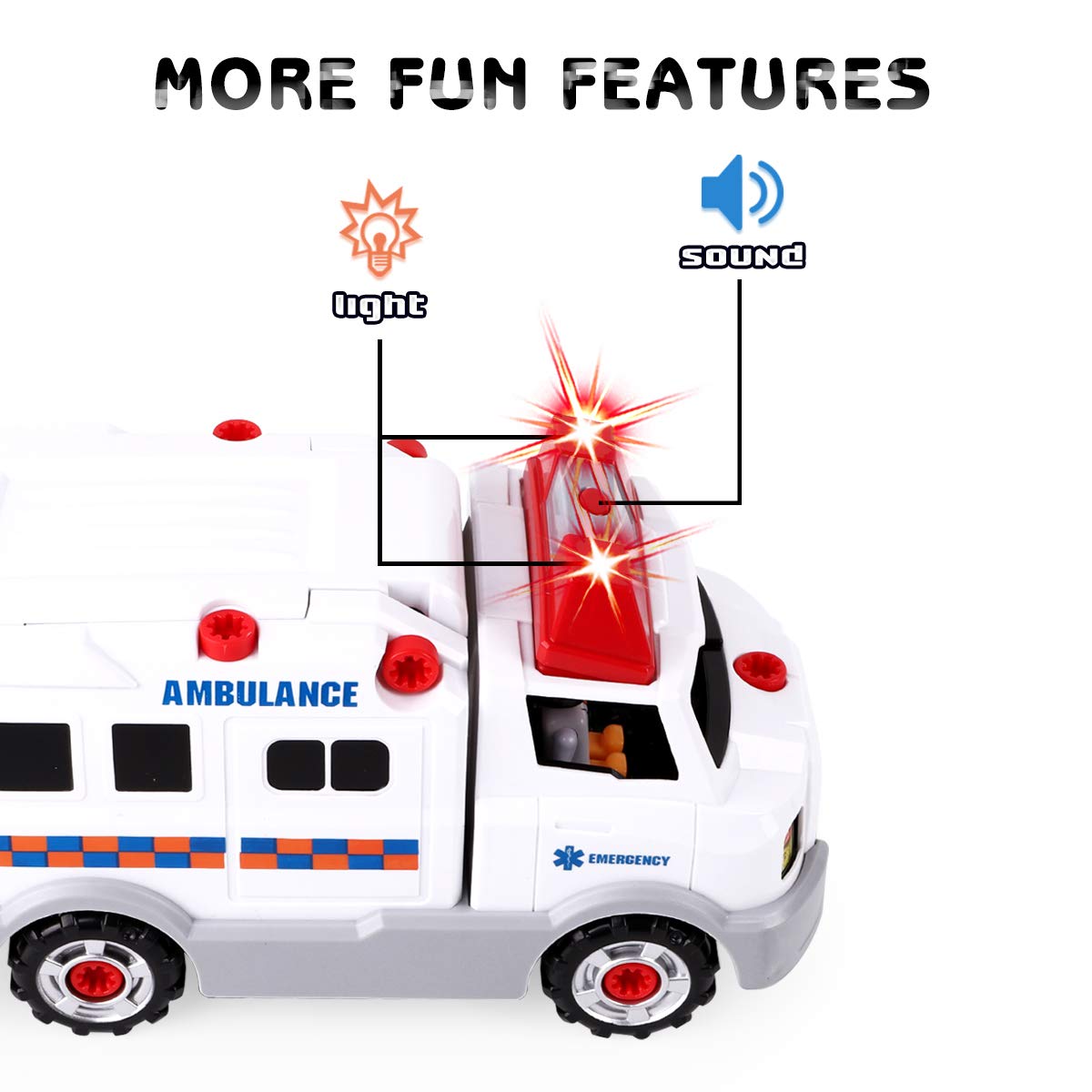 REMOKING Learning Take Apart Toy, Build Your Own Car Toy Ambulance Educational Playset with Tools and Power Drill, DIY Assembly Car Gifts for Kids with Realistic Sounds & Lights (3+ Ages)