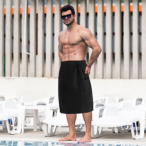 Newwiee 2 Pieces Microfiber Waffle Men's Bath Wrap Quick Absorbent Men Towel Wrap Adjustable Body Shower Wrap for Men Sauna Spa, 59 x 24 Inches/ 150 x 61 cm (Black, Gray)