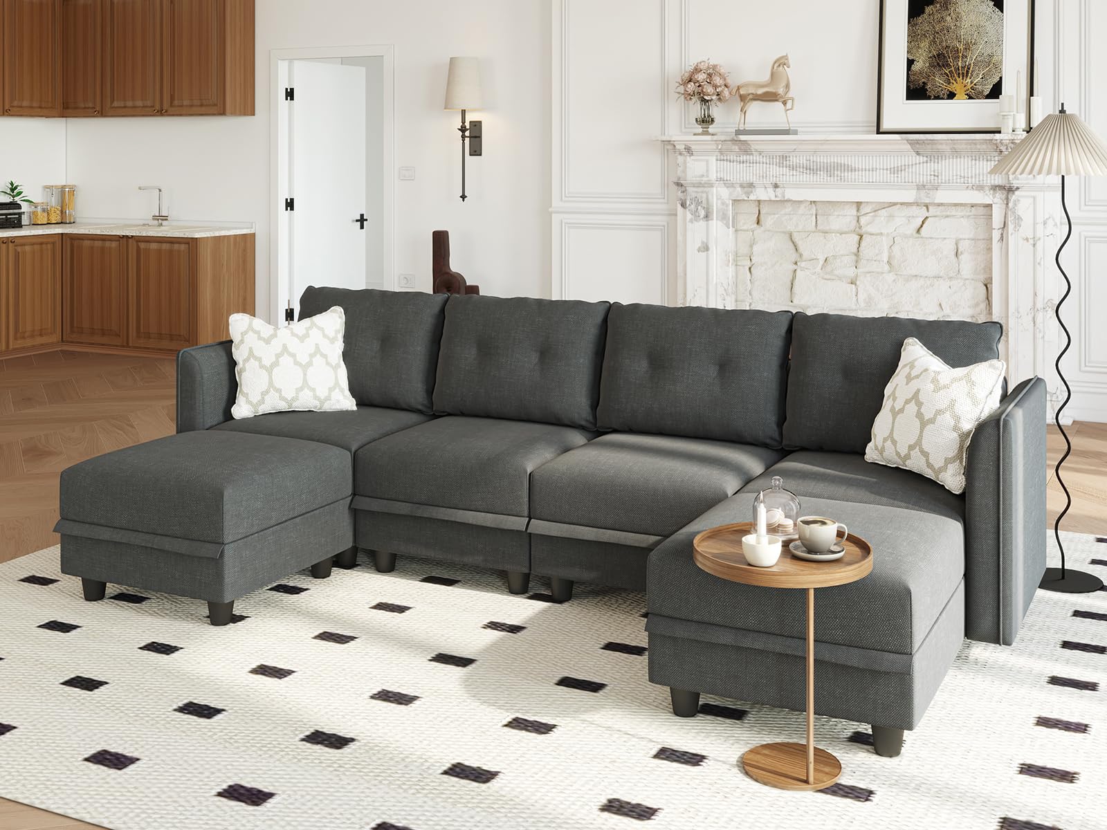 LLappuil Velvet Modular Sofa Sectional 6 Seater U Shaped Couch with Storage, Waterproof, Anti-Scratch Reversible Chaise Sofa, Grey Brown