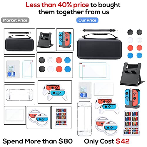 Carrying Case & Accessories Bundle Kit for Nintendo Switch OLED 2021 Model with Charging Dock, 3in1 Protective Case, Screen Protector, Racing Steering Wheel Grip, Handle Grip, Thumbstick Cap&PlayStand