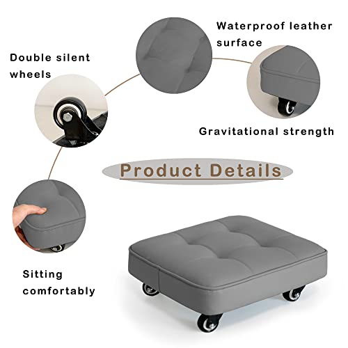 CRENEWY Low Rolling Stool with Wheels,360 Degree Rotating,PU Low Height Rolling Seat Wheel Stool Chair,Square Seat Stool for Home Office Fitness Garage Shop(Grey)