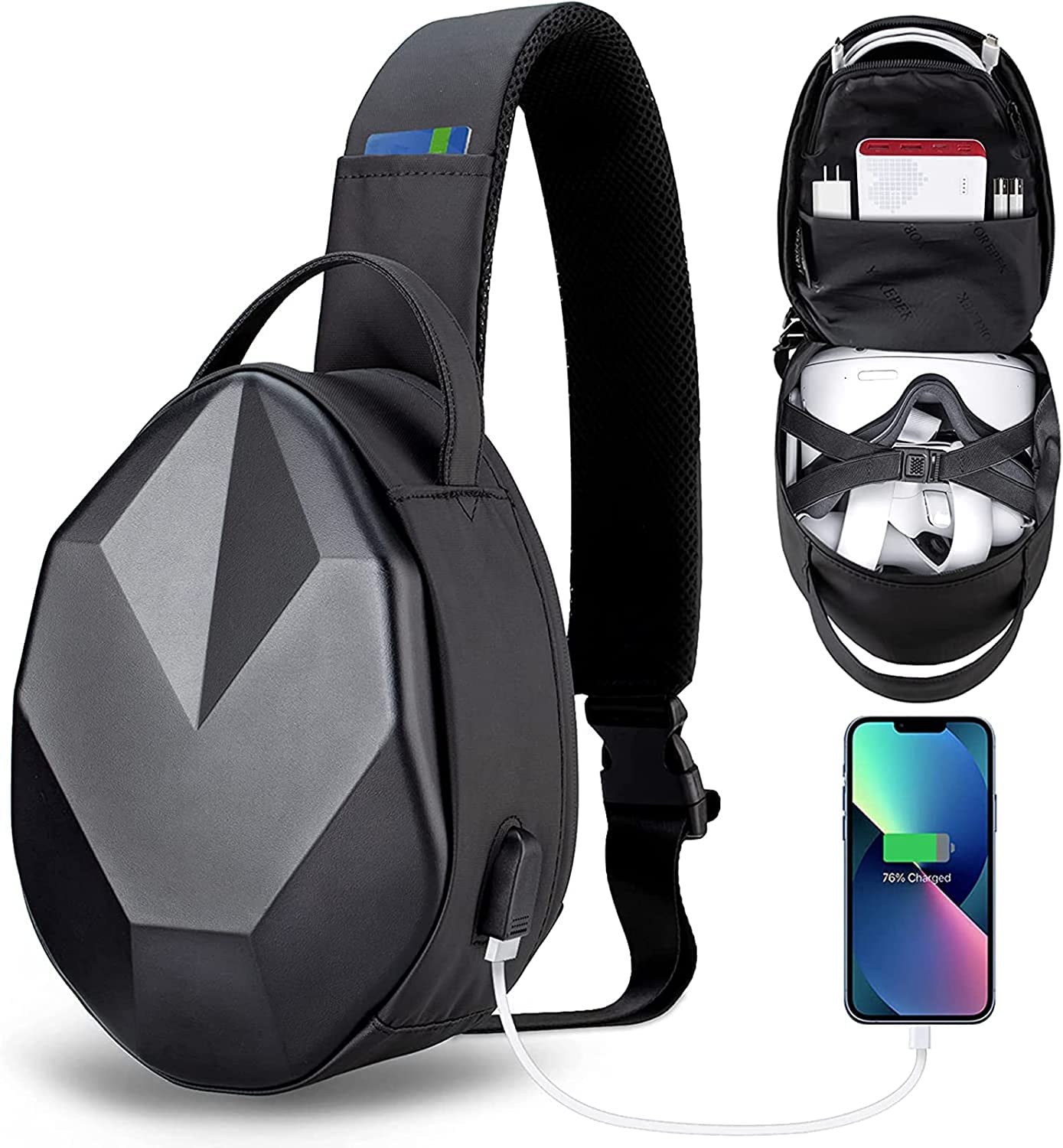 Carrying Case for Oculus Meta Quest 3, Quest 2, Vision Pro, Hard Crossbody Travel Bag for Meta Quest Pro Gaming Headset and Controllers, Lightweight VR Accessories with Portable USB Charging Port