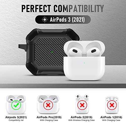 Maxjoy for for Airpods 3rd Generation Case, Carbon Fiber Secure Lock Clip Full Body Shockproof Hard Shell Protective Apple for Airpods 3 Case Cover with Keychain for AirPod 3rd Gen 2021 for Men, Black
