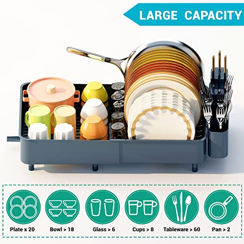 ilvvan Dish Drying Rack with Drainboard Set Length Adjustable(12.8" - 20") Compact Dish Drainer, 1 Piece Gray