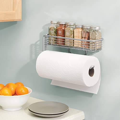 mDesign Wall Mount Metal Paper Towel Holder with Storage Shelf for Kitchen, Pantry, Laundry, Garage Organization - Shelf Holds Spice Bottles, Glass Jars, Oils and Vinegars - Chrome