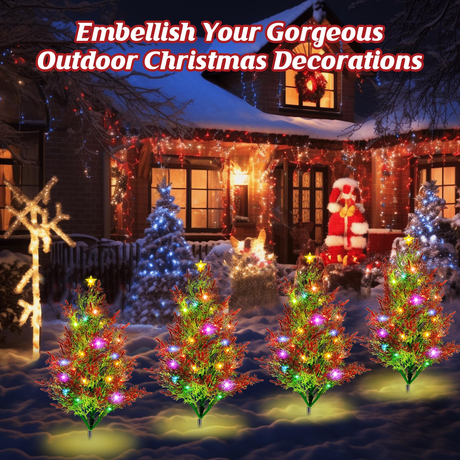 Christmas Decorations Outdoor Solar Lights: 4 Pack Upgraded 10 LED Solar Christmas Tree Lights, 2 Lighting Modes Outside Waterproof Solar Christmas Stake Lights for Yard Garden Pathway Lawn Xmas Decor