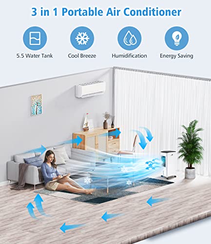 Portable Air Conditioners, Air Conditioner Portable, 3-In-1 Air Conditioners with 3 Wind Speeds & Remote Control, 60°Rotation, Air Conditioner Portable for Room Office Home