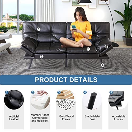 Maxspeed Sofa Bed, Modern Convertible Futon Sleeper Couch Daybed with Adjustable Armrests for Studio, Apartment,Office,Small Space, Compact Living Room,Black