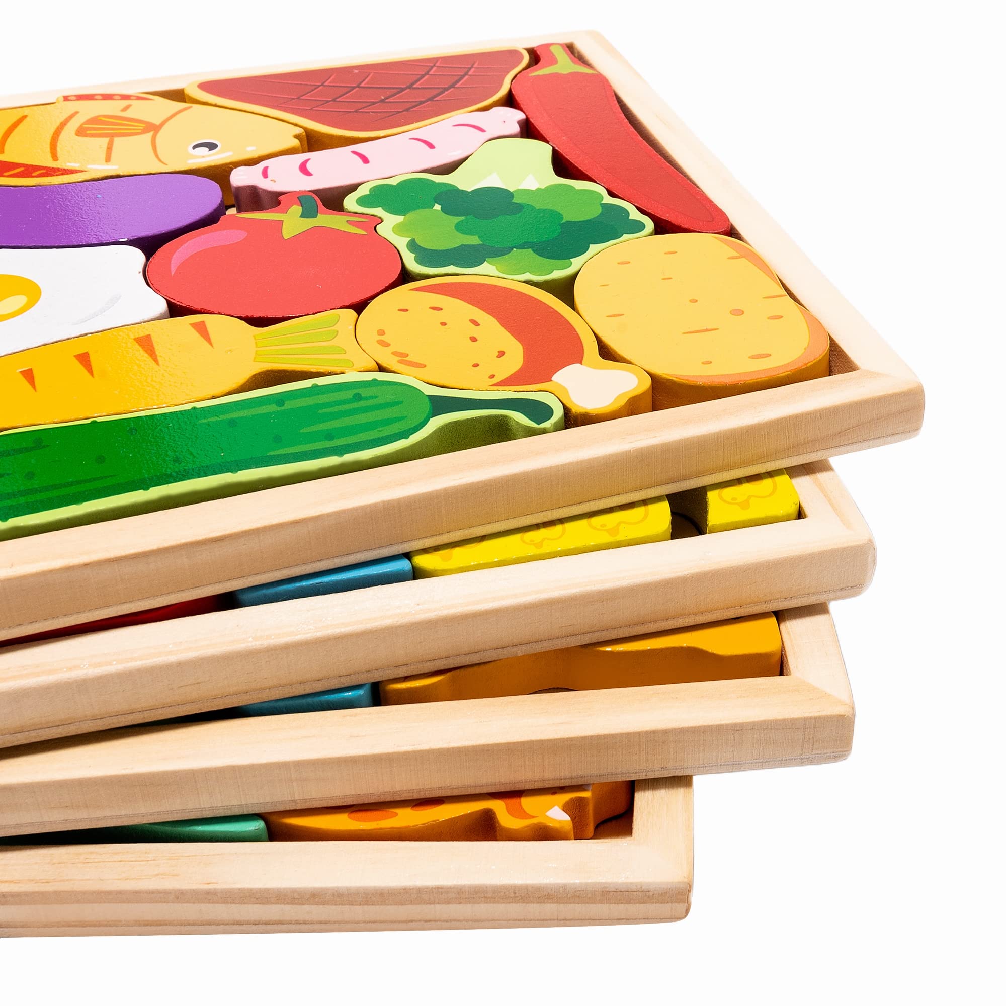 XJYQJD Dinosaur Sorting & Stacking Toys for Toddlers 1-3, Wooden Dinosaur Blocks Puzzles for Kids 2-4 Multi-Theme Animals Fruits Numbers Jigsaw Puzzles Montessori Educational Learning Toys (4 Pack)
