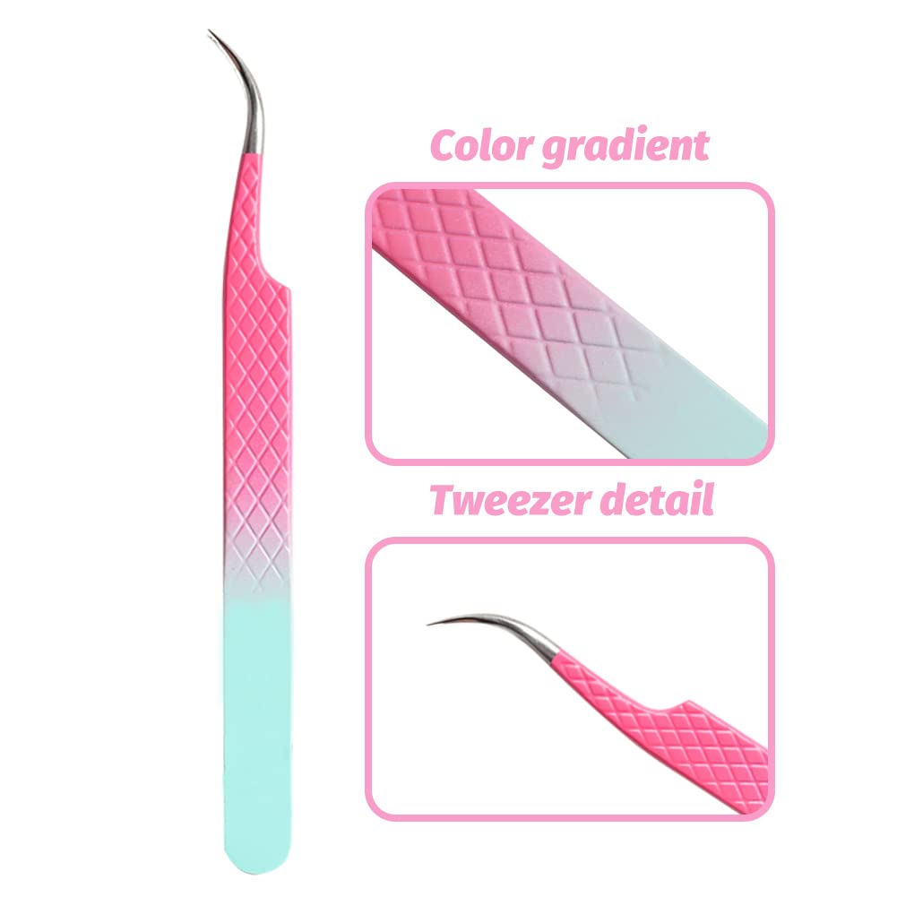Dassen Lash Tweezers for Eyelash Extension-Professional Lashing Tweezers for Mega Volume Mink Eyelashes Extensions Applying Thin Tips Eyelash Extension Tweezers Gradient Pink Tweezers