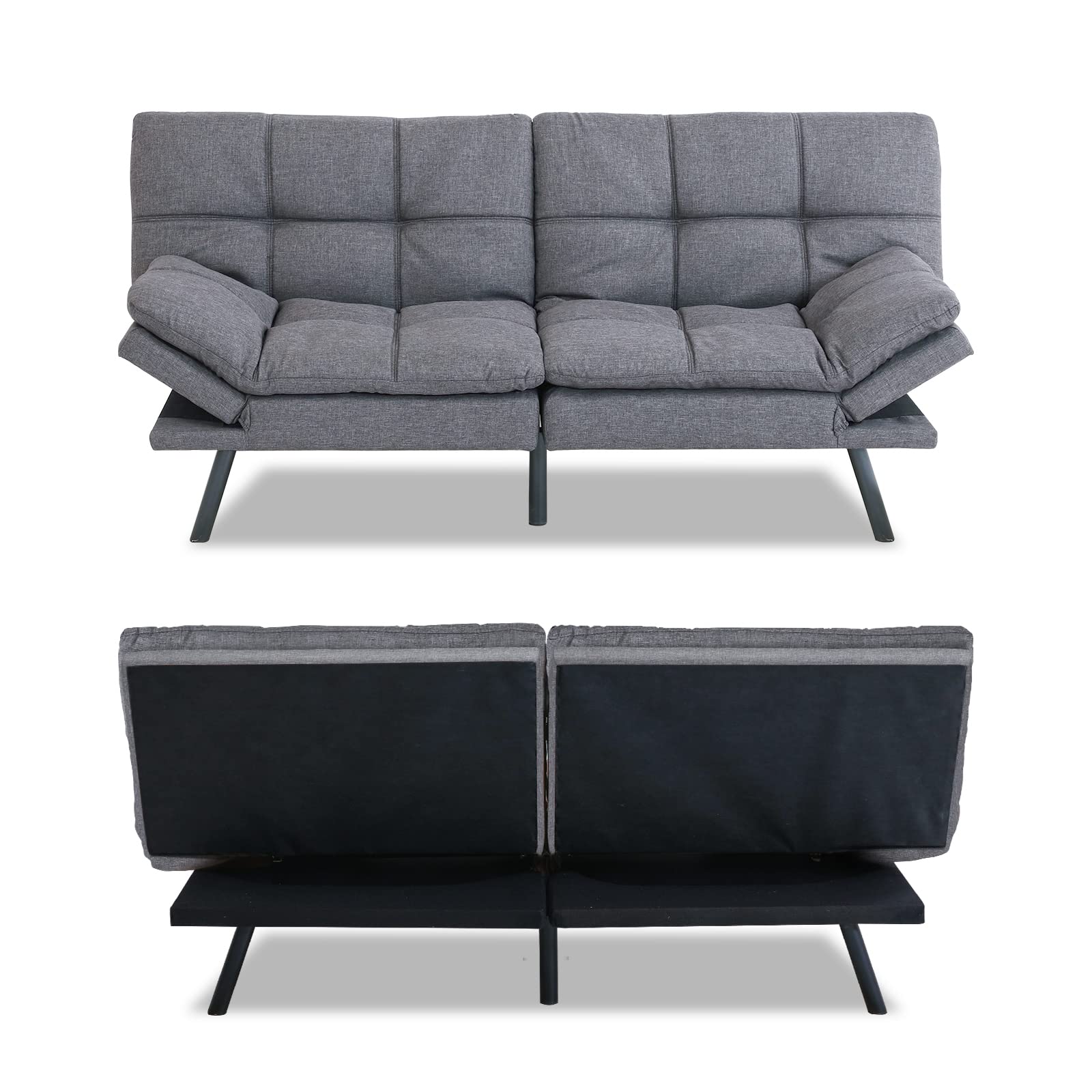 Opoiar Futon Sofa Bed Grey Fabric Memory Foam Leather Futon Split Seat,Modern Sleeper Sofa Love Seat，Folding Modern Sleeper Sofa for Small Space/Drom/Office/Apartment