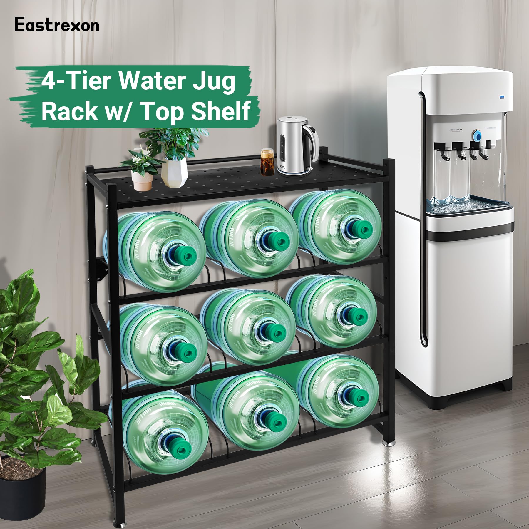 Eastrexon 5 Gallon Water Jug Holder Heavy Duty,4-Tier Water Jug Rack w/Top Shelf, Wall Mount Water Bottle Holder for 9 Bottles, Powder Coated Water Rack Stand for Home, Office, Restaurant, Gym.