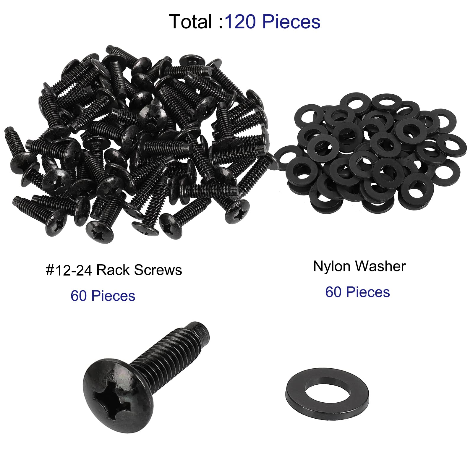 Cqyueen High-Grade Carbon Steel 12-24 Black Rack Screws Set. 60 Sets [Rack Screw + Nylon Washer] for Equipment Server Racks, Enclosures, and Cabinets