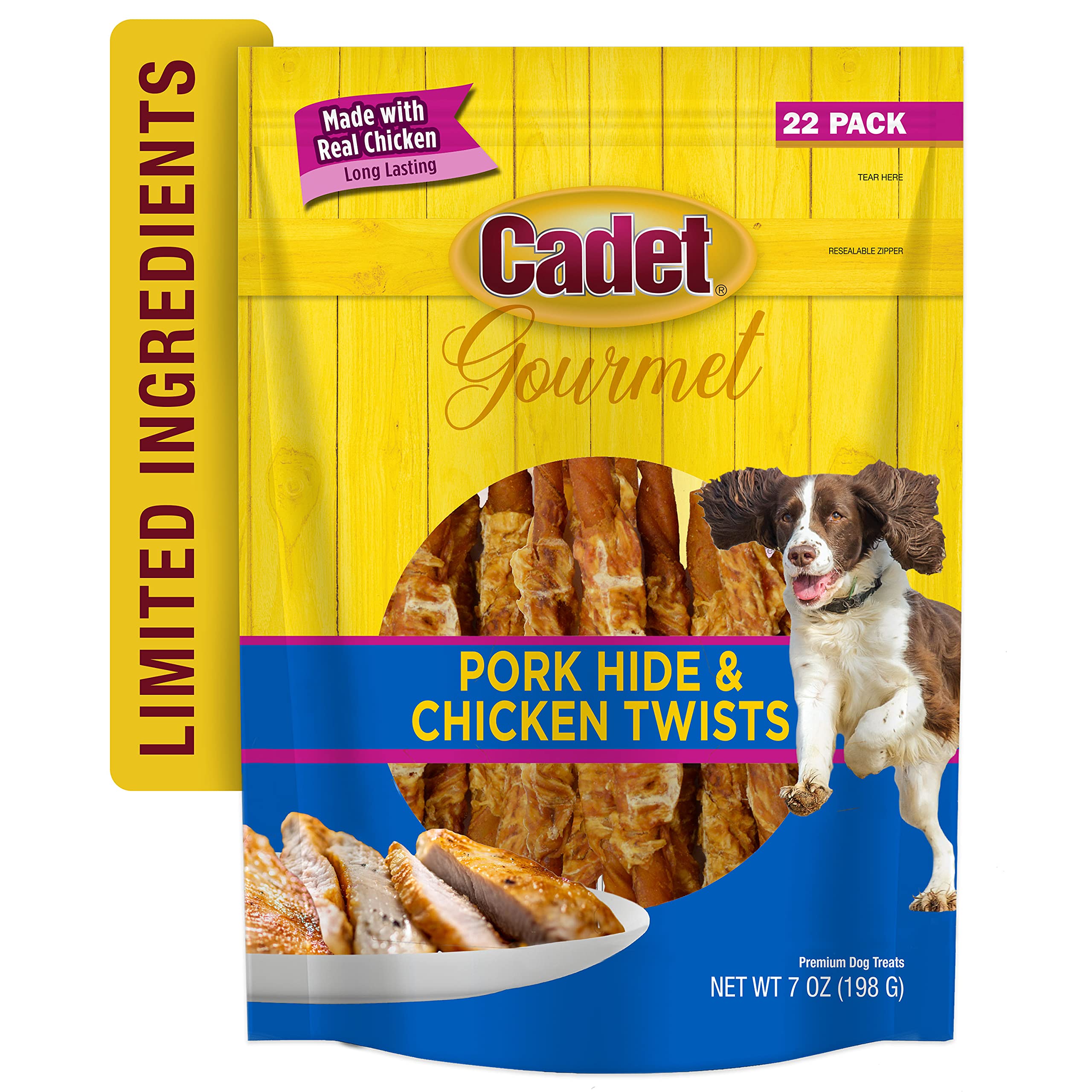 Cadet Gourmet Twists Sticks- Long Lasting & Natural Dog Treats for Large & Small Dogs Pork Hide & Chicken - Inspected & Tested in USA (22 Count)