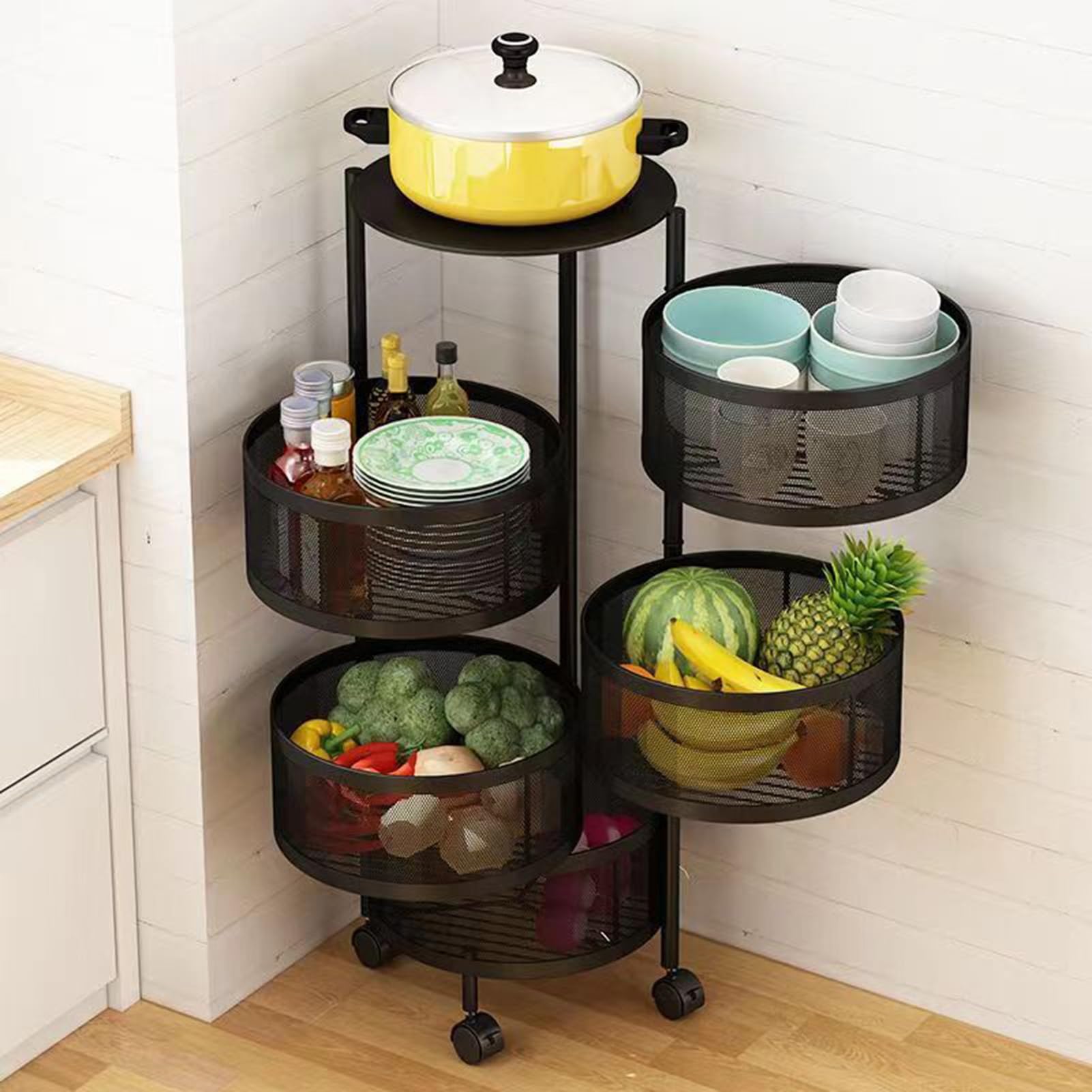 Grebest Kitchen Fruit Vegetable Storage Cart, 5 Tier Circular Rotating Basket with 360 Degree Wheels, Metal Wire Shelf with Top Lid for Living Room/Kitchen/Office Black Five Layers