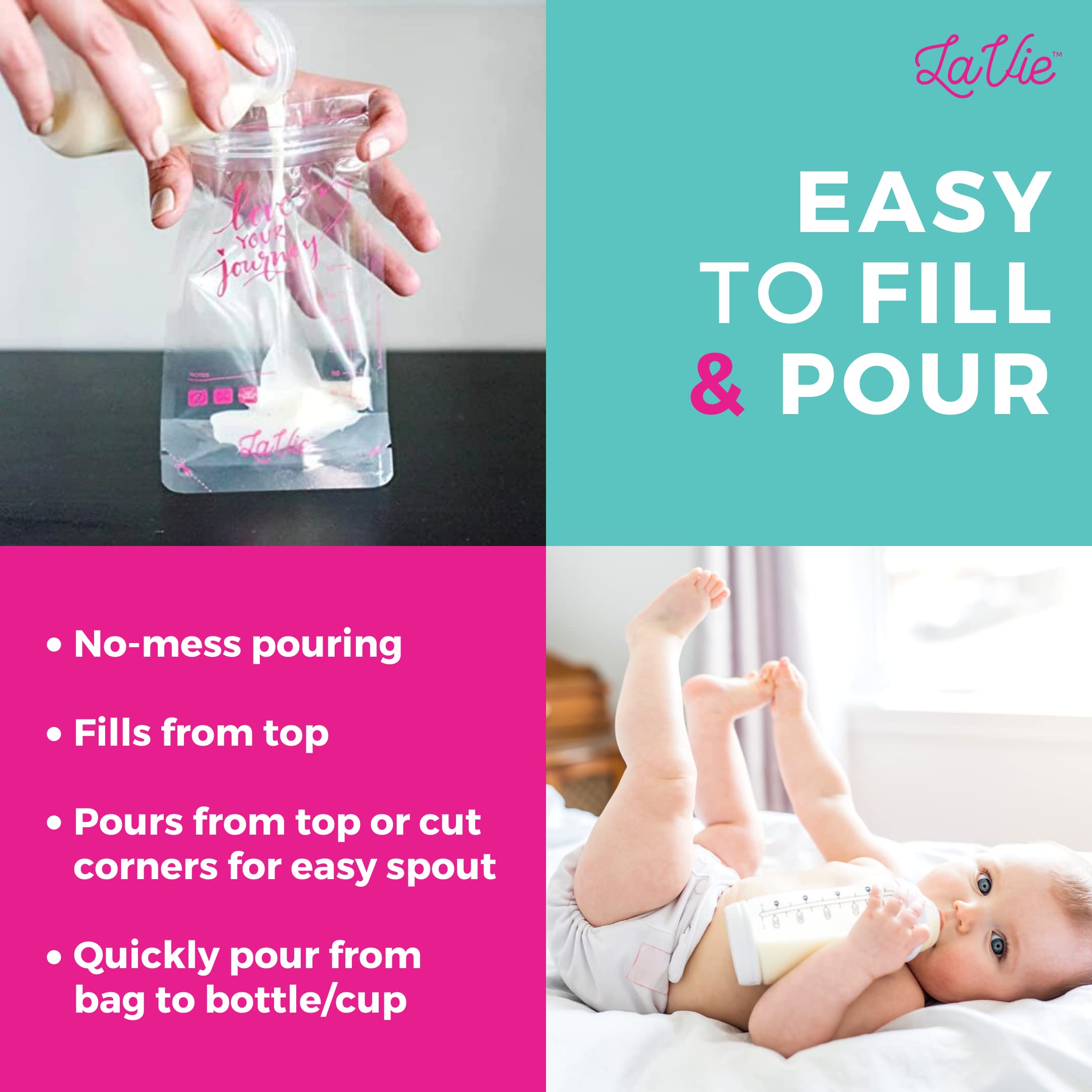 LaVie Breast Milk Storage Bags, 50 Count, 7 Ounce, Pre-Sterilized Breast Milk Containers, Leak-Proof, Space Saving, Self Standing for Refrigerating or Freezing Breast Milk (Pink)