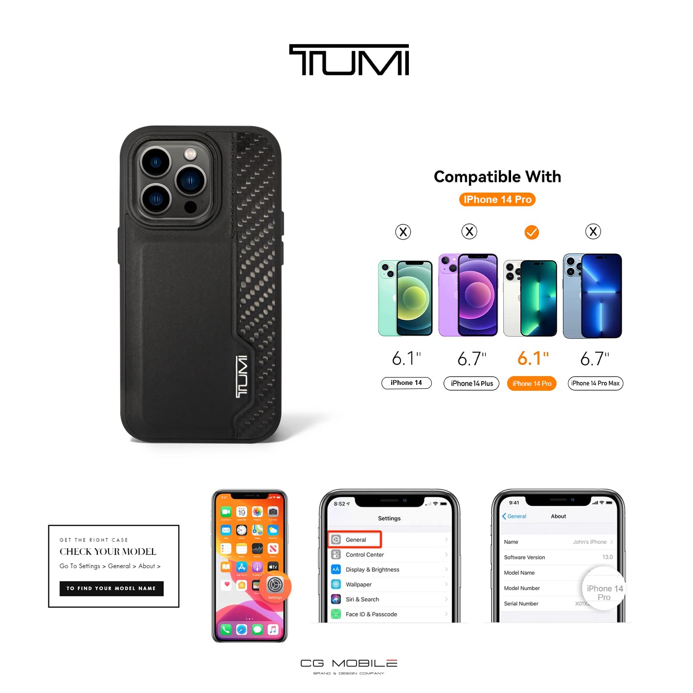 CG MOBILE TUMI Phone Case for iPhone 14 Pro in Black Aluminum with Vertical Card Slot, HC Leather Protective, Durable Case with Easy Snap-on & Shock Absorption