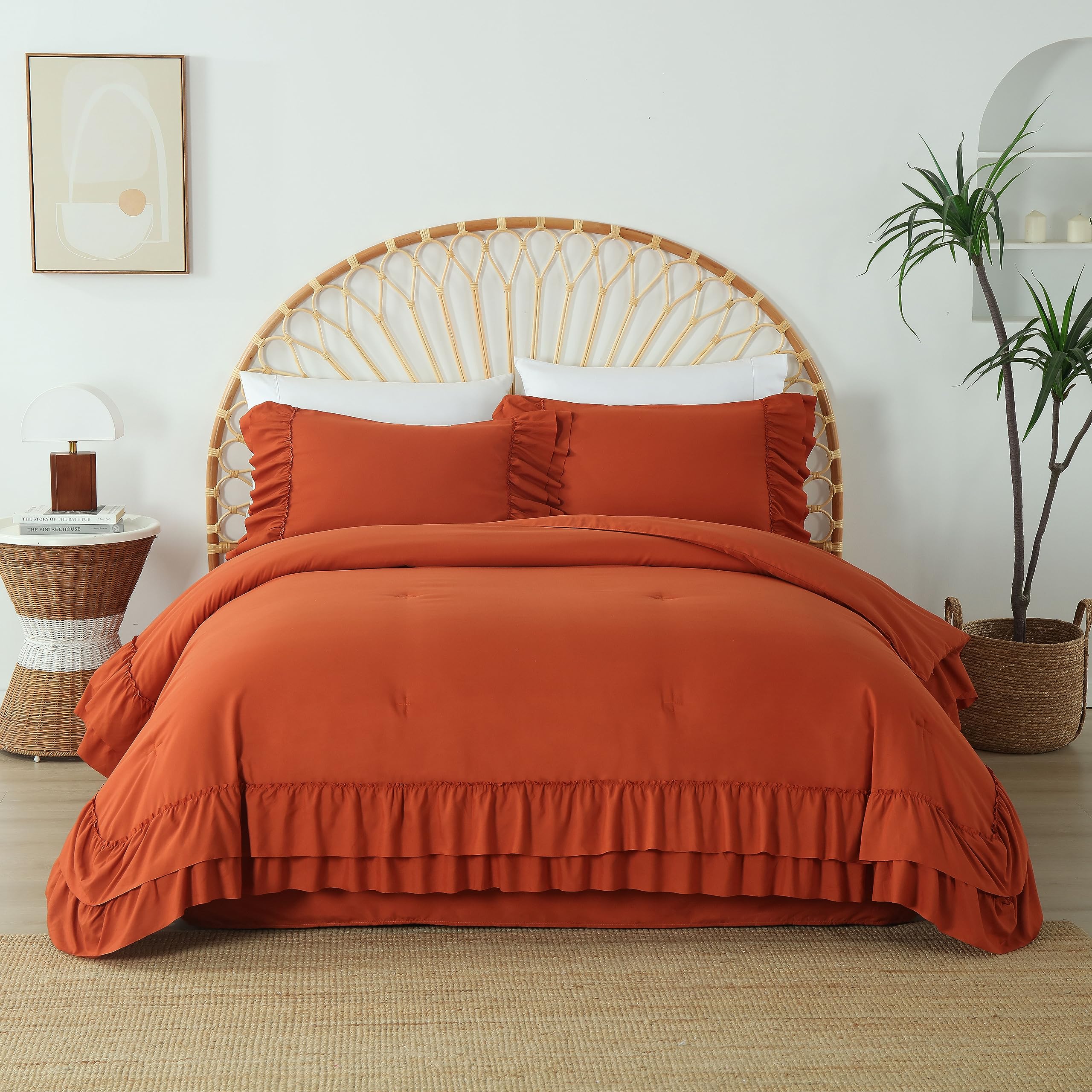 Btargot Terracotta Waterfall Double Layers Ruffle Comforter Set, 3 Piece Shabby Chic Bedding Set Queen Size for Girls WomenTeens