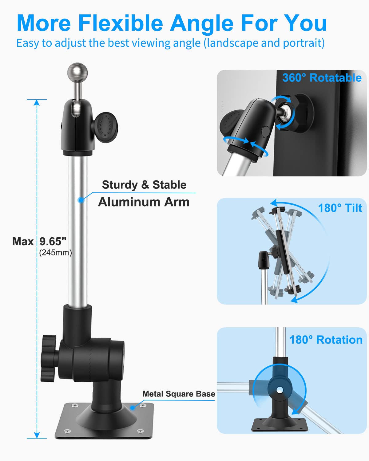 Drill Base Tablet Mount Car Dashboard, Aozcu Heavy Duty Truck Dash iPad Holder with Strong Aluminum Arm, Commercial Vehicles Tablet Stand for iPad Pro Air Mini,Galaxy Tabs, iPhone, All 4-12.9" Tablets