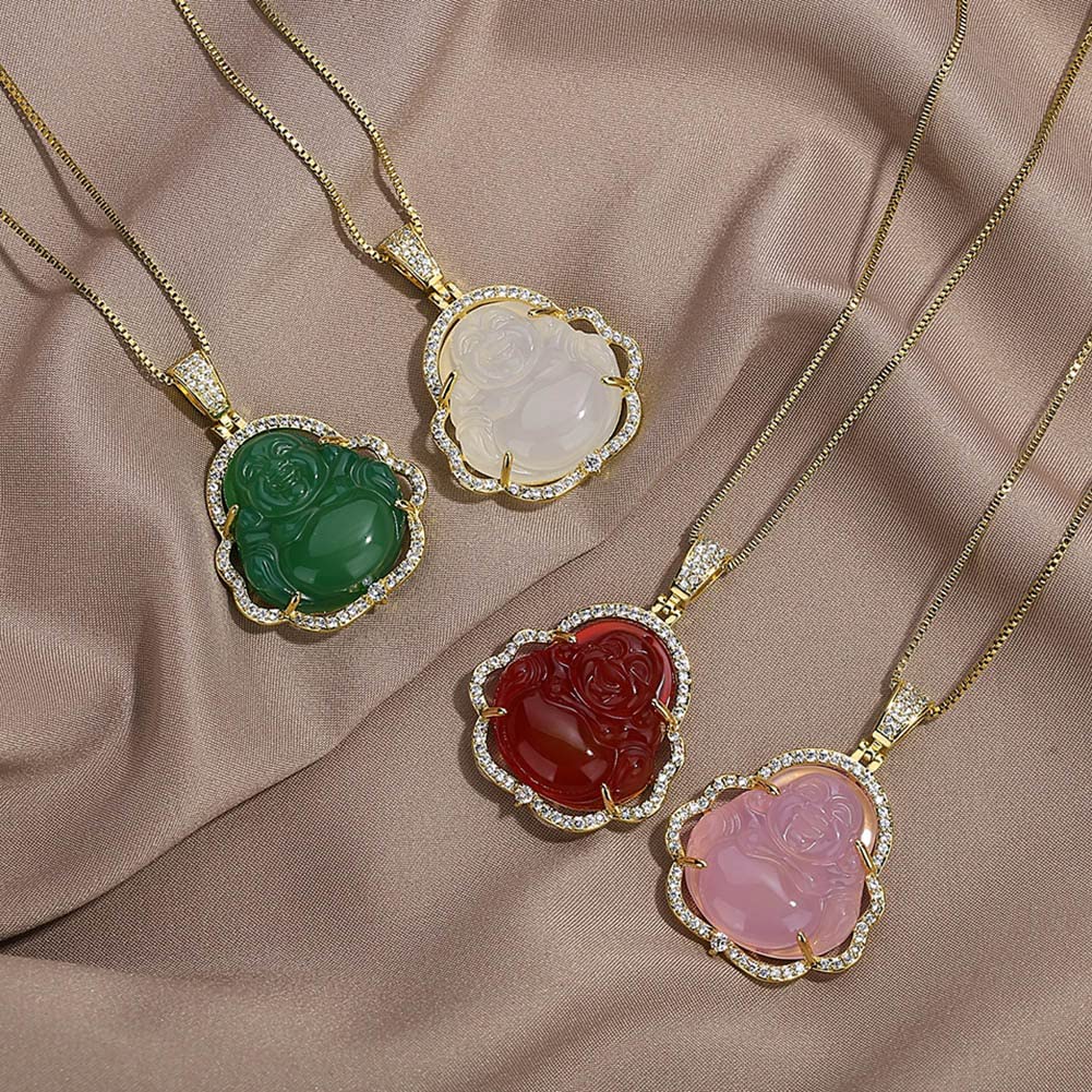 Buddha Pendant Pink Jade Buddha Necklace Silver Iced Out Bling Cubic Zirconia laughing Buddha Pendant Necklace