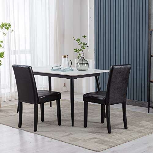FUNESI PU Leather Upholstered Dining Chair, Armless Parsons Chair with Black Solid Wood Legs Set of 2(Black