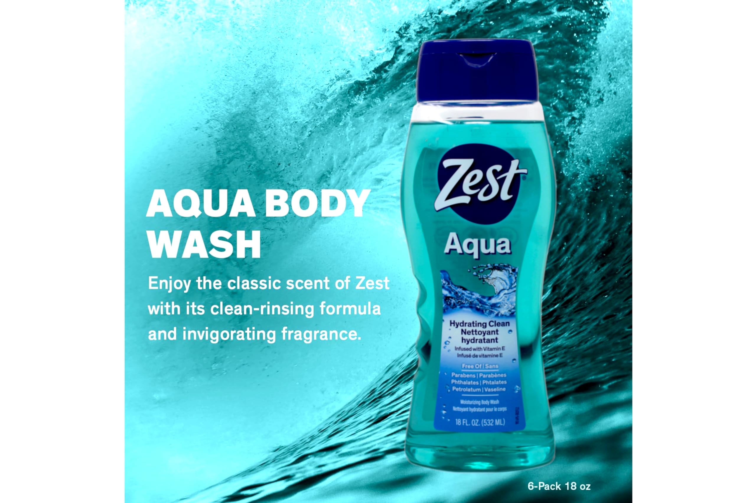 Zest Aqua Hydrating Body Wash, 18 Fl Oz (Pack of 6) - Moisturizing & Refreshing Shower Gel, Easily Lathers for a Relaxing Bubble Bath - Foaming & Exfoliating Skin Cleanser for a Smooth & Clean Skin