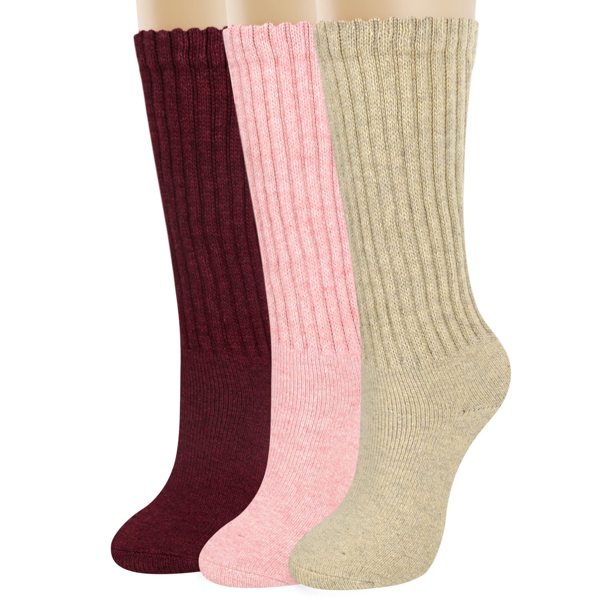 COZYOFFI 3 Pairs Wool Socks for Women Winter Warm Thick Knit Gifts Crew Socks (Wine/Pink/Light Brown)