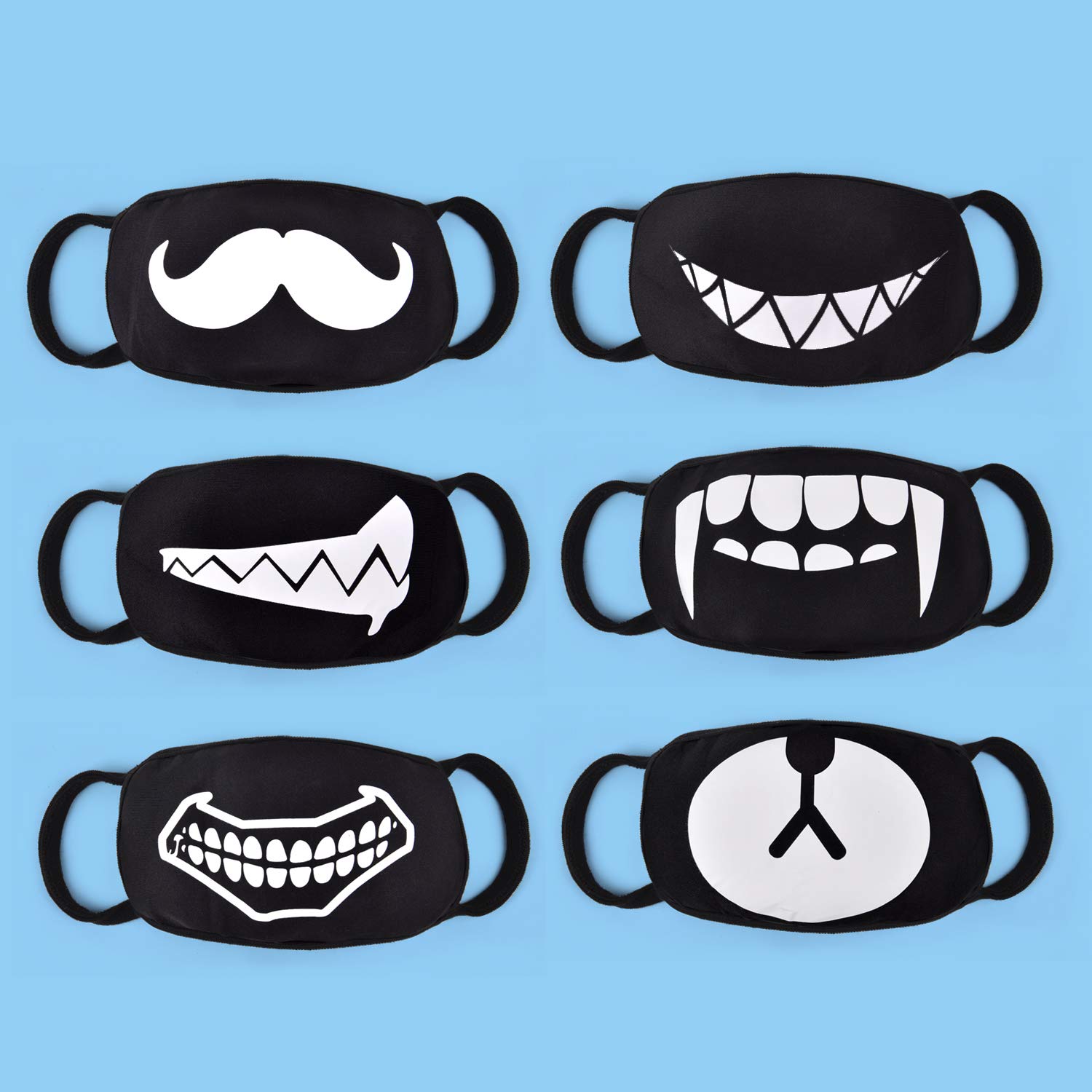 CIKIShield 6Pack Funny Black Face Mask Washable Reusable Face Cover for Teens Men Women Boy Kids (Only Over 10 Years Old)
