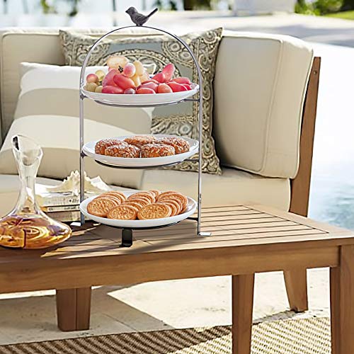 SparkWorks 3 Tiered Cake Stand, Tea Party Serving Platter, Dessert and Cupcake Stand, Metal Tiered Serving Stand Includes Three Premium White Stoneware Plates