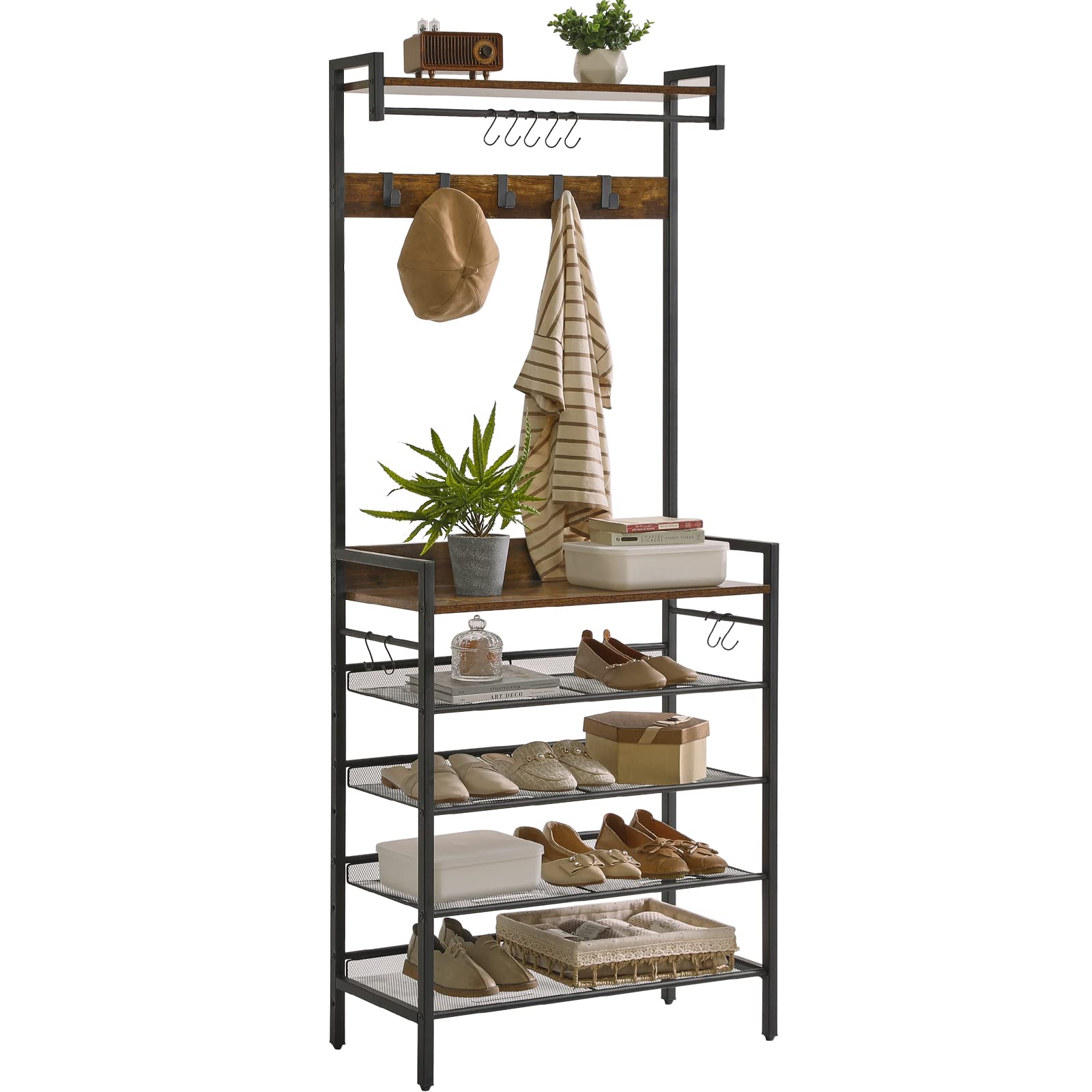 IBUYKE Coat Rack Shoe Rack, 4 in 1 Multi-Function Hall Tree with Slant Adjustable Shoe Storage, 5-Tier Storage Shelf and 9 Hooks Removable, Industrial Accent Furniture for Entryway, UTXJ008H