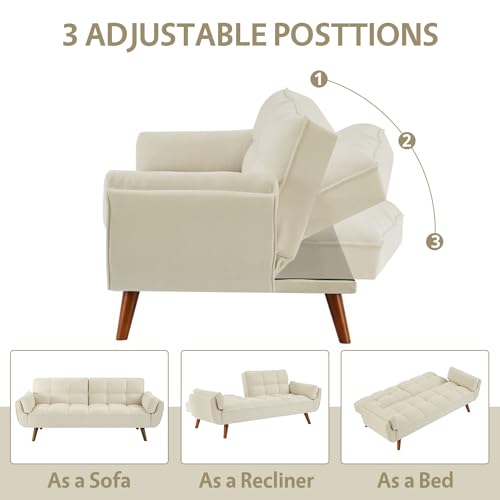 Fangflower Convertible Sofa Bed, Velvet Fabric Adjustable Backrest Sleeper Futon Loveseat with Tapered Wood Legs for Living Room, Bedroom, Apartment Lounge, Garage