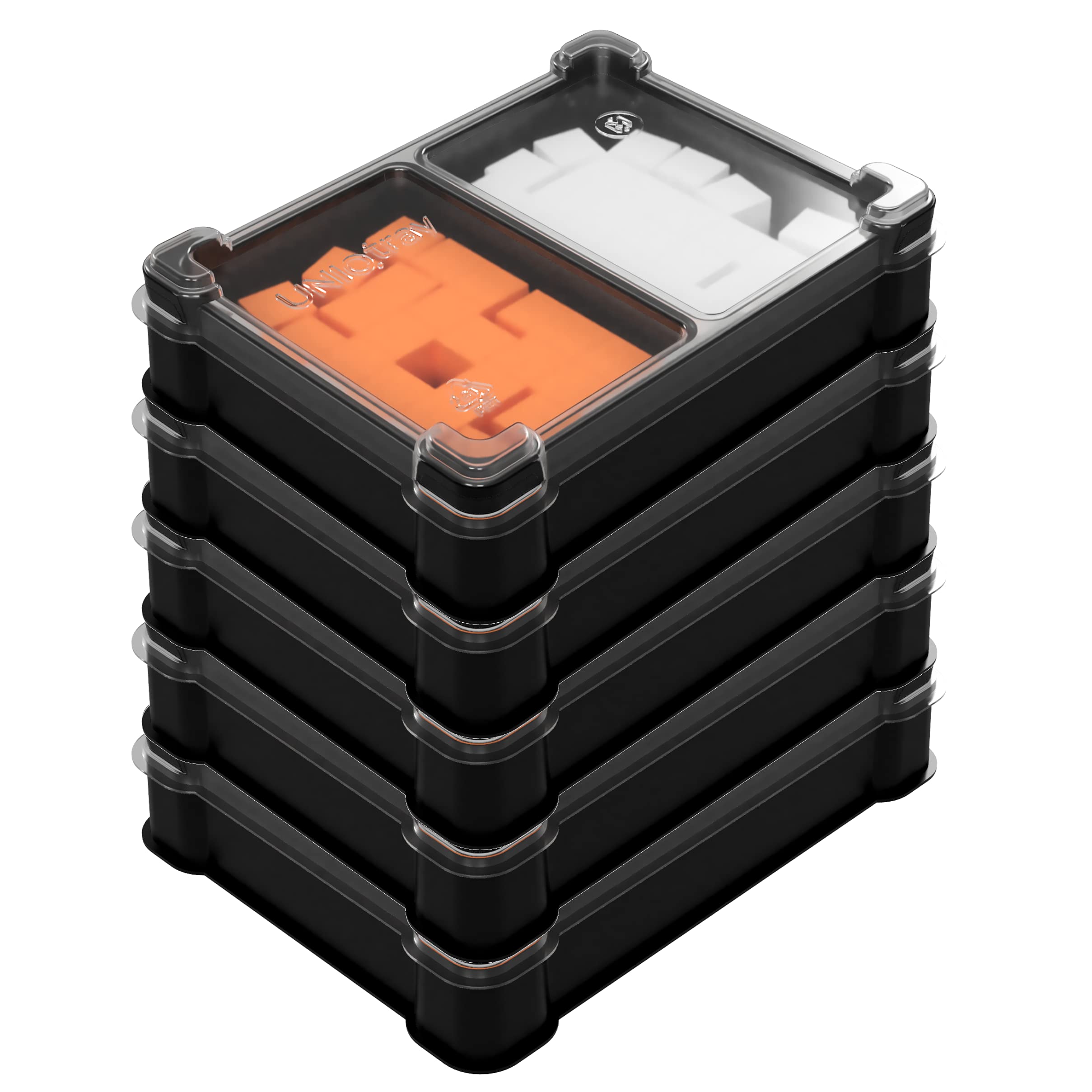 UniqTraySystem 5-Pack Token Two-Cell Box for Board Game Pieces, Meeples, Dice, Tokens (5 modular trays with a transparent removable lid)