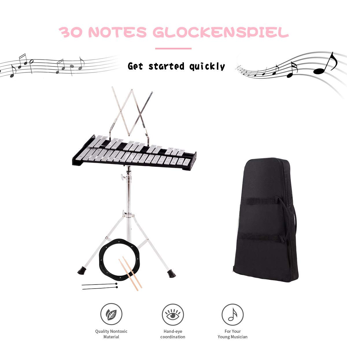 ReunionG Percussion Practice Bell Kit Set Professional Music Stand Xylophone with Bag Case for School Kid Band Teacher