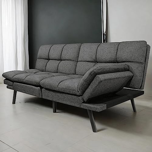 Fangflower Futon Sofa Bed, Fabric Memory Foam Couch, Foldable Convertible Sleeper Loveseat, Daybed for Living Room, Dark Grey