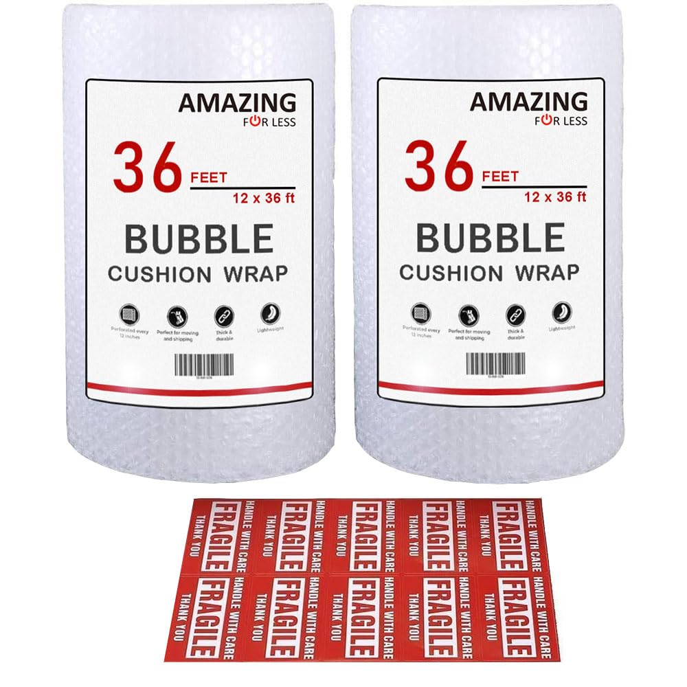 Bubble Cushioning Wrap 12 inch x 36 ft. - 72 Feet Total [2 Rolls of 36 Feet] Bubble Cushioning Wrap for Packing Moving Supplies Perforated Every 12" Amazing For Less (2-Rolls (72 Feet))