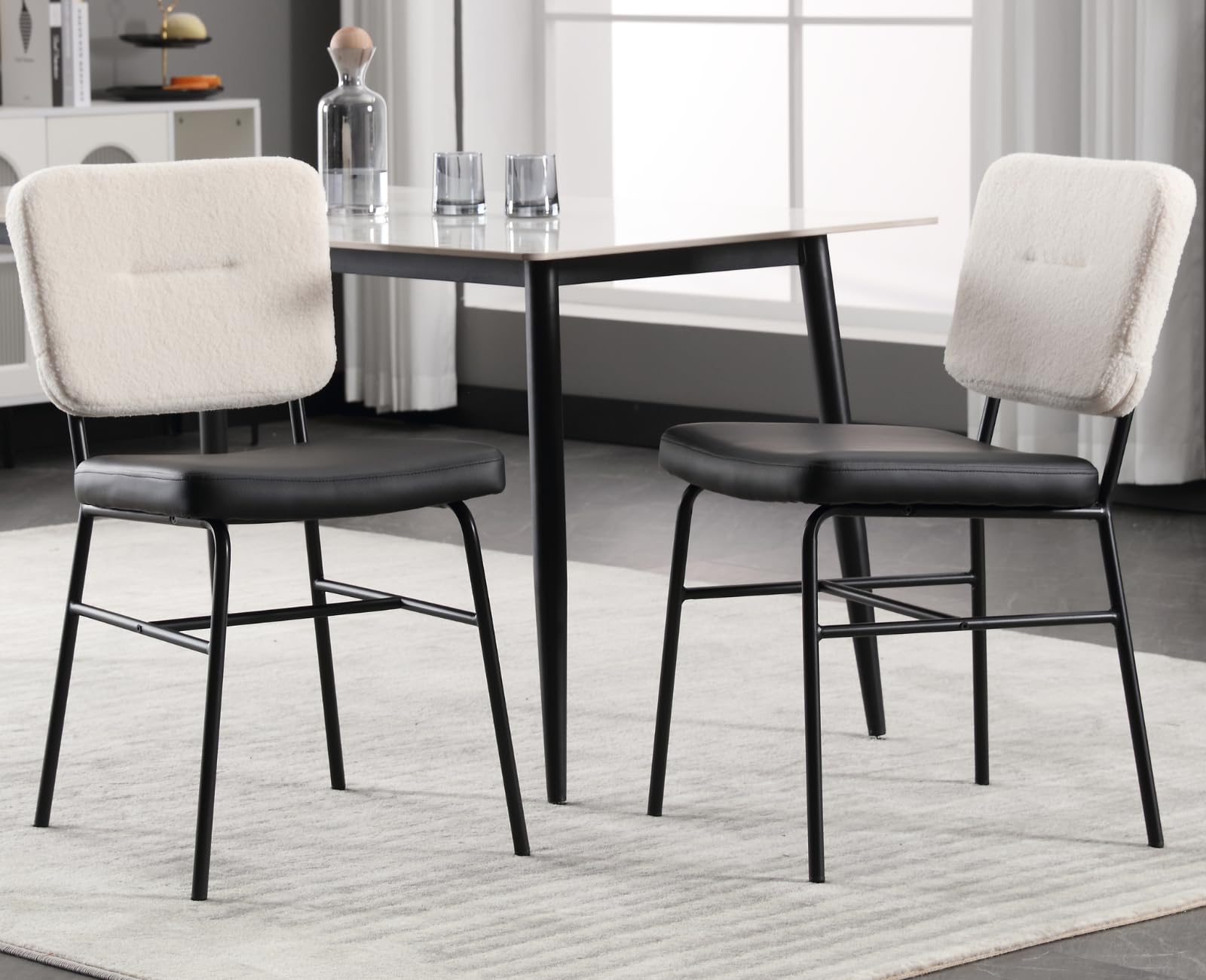 CIMOTA Modern Dining Chairs Set of 4 White Dining Room Chairs with Sherpa Back/Gold Metal Legs Comfy Upholstered Kitchen Chairs Leather Accent Chair for Dining Room/Restaurant