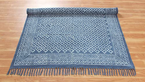 Indigo Blue Rug for Bathroom Handmade Cotton Durries Boho Kilim Rug Flat Weave Indoor Floor Decorative Rugs for Balcony Lounge Floor Bedroom Balcony