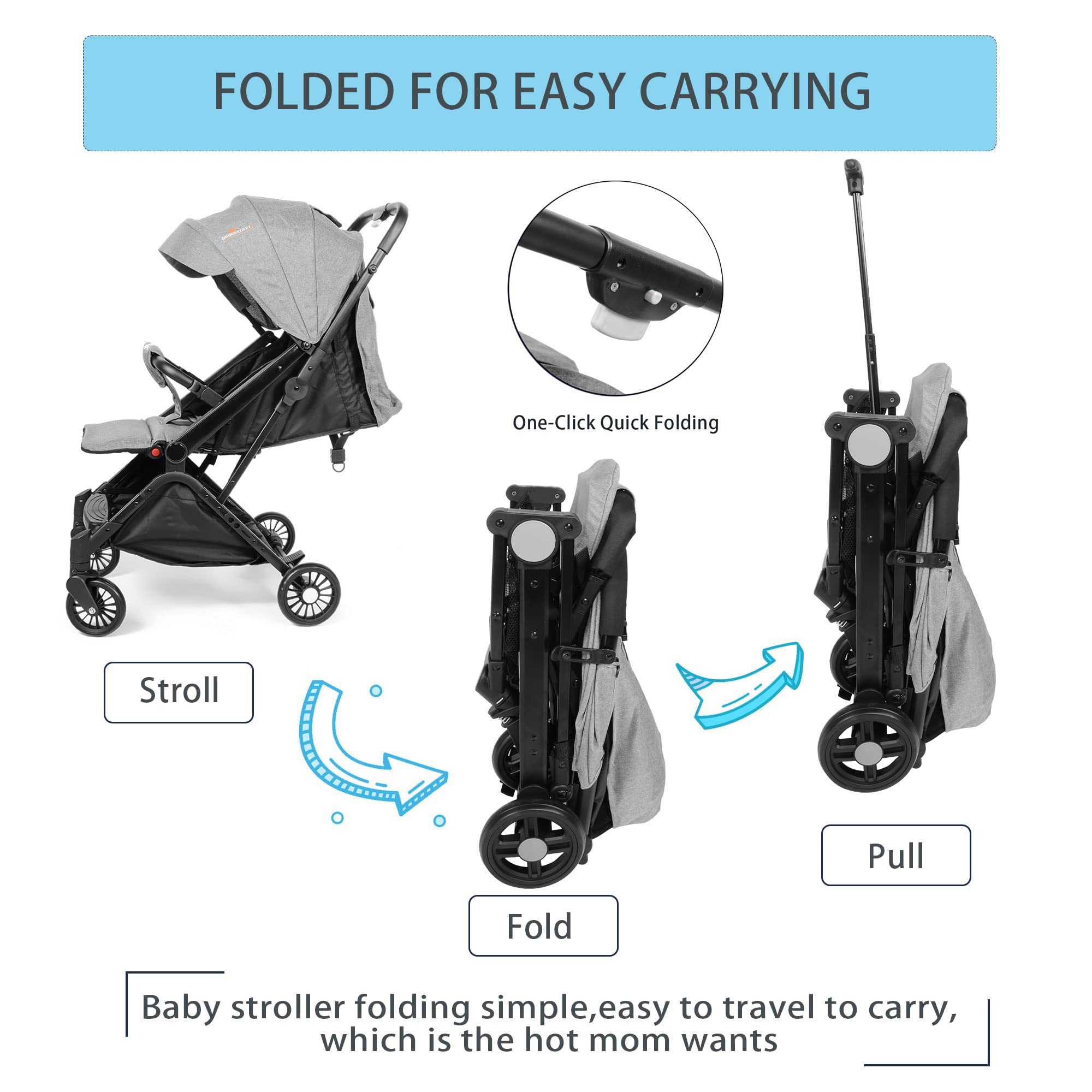COLOR TREE Lightweight Baby Stroller Foldable Compact Travel Strollers for Airplane with One-Hand Fold Pushchair Adjustable Canopy and Backrest for Toddler & Infant